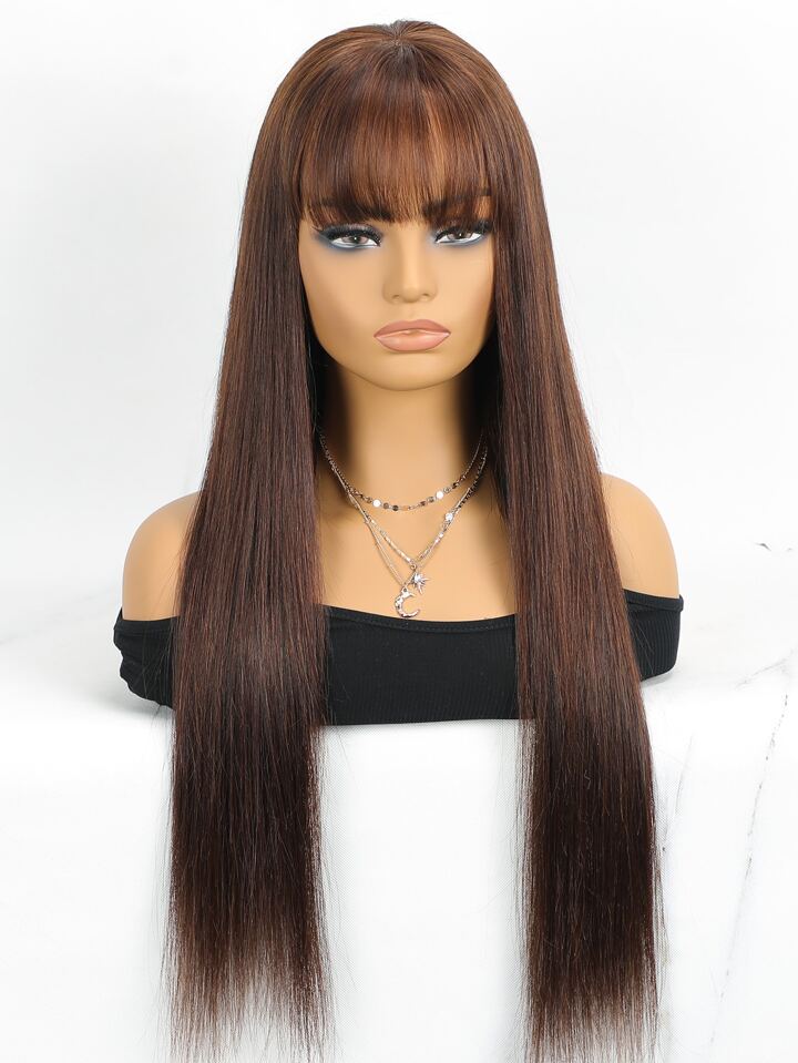 Straight Human Hair Wigs With Bangs Chocolate Brown Hair Beginner Frie ...